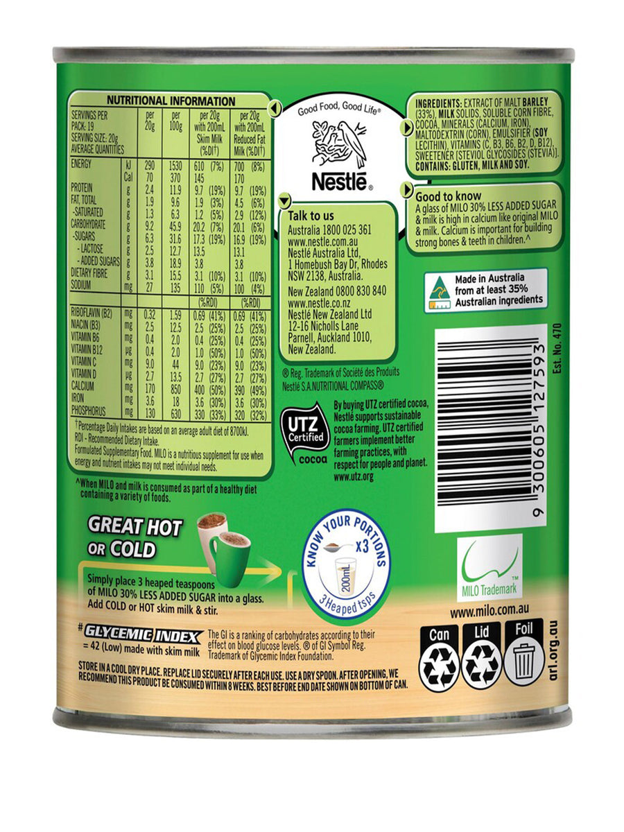 NESTLE MILO 30 LESS ADDED SUGAR 395G – Village Grocer - M City
